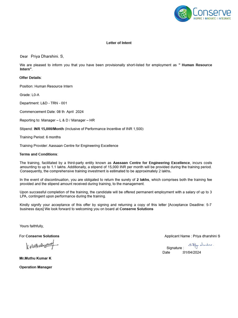 Conserve LOI S.priya Dharshini | PDF