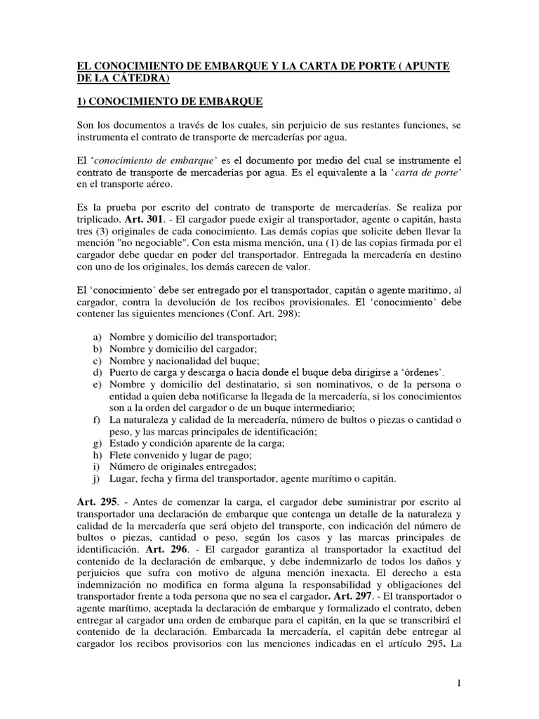 Unidad 5-El Conocimiento de Embarque y Carta de Porte | PDF | Póliza de ...