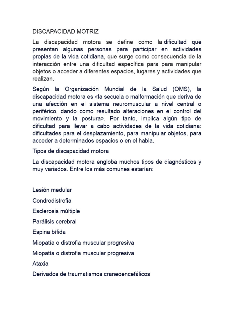 Tipos y Recursos de Discapacidad Motora | PDF