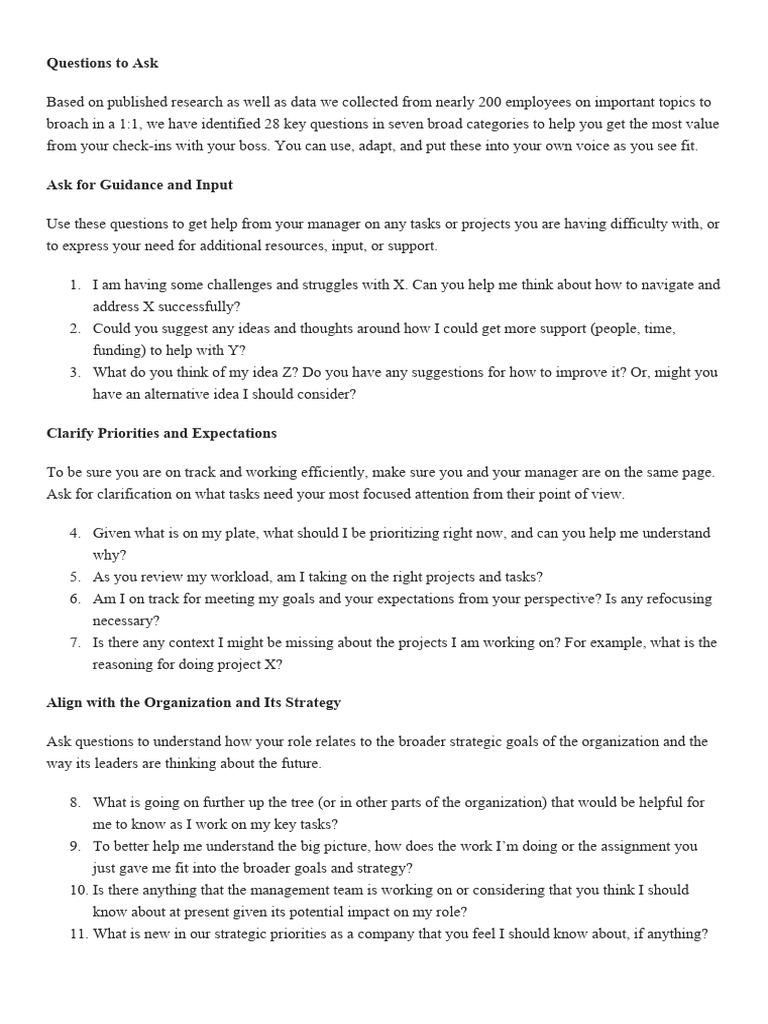 28 Questions To Ask Your Boss in Your One-on-Ones | PDF | Goal | Social ...