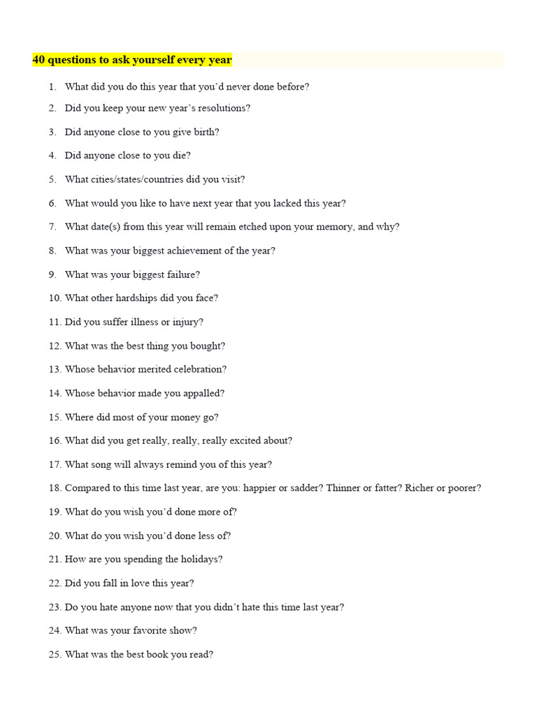 40 Questions To Ask Yourself Every Year | PDF | Social Science