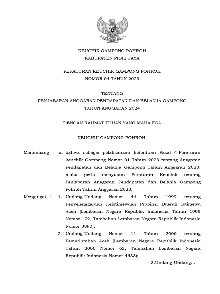 pERATURAN kEUCHIK GAMPONG TENTANG APBG 2024-OC | PDF