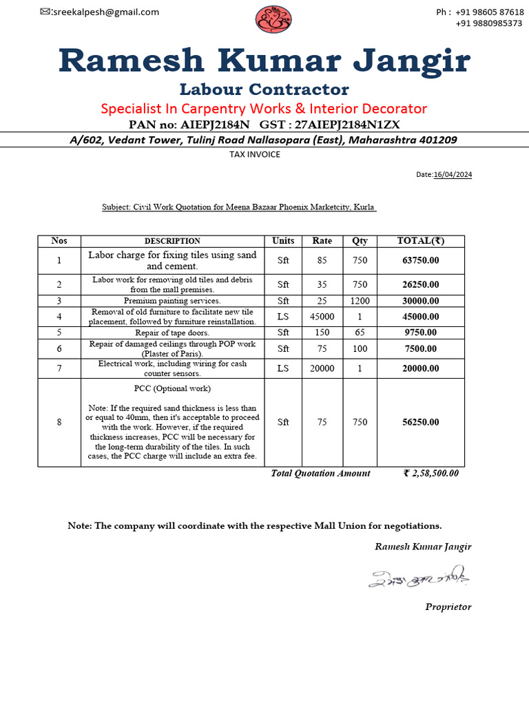 Civil Work Quotation for Meena Bazaar | PDF | Building Engineering ...
