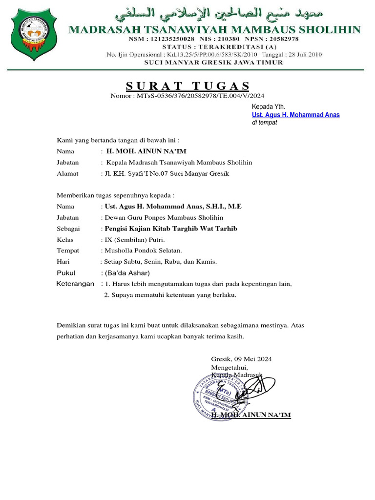 Surat Tugas Pengisi Materi Kitab Targhib Wat Tarhib KLS 9 Putri (Ust. Agus H. Muhammad Anas ...