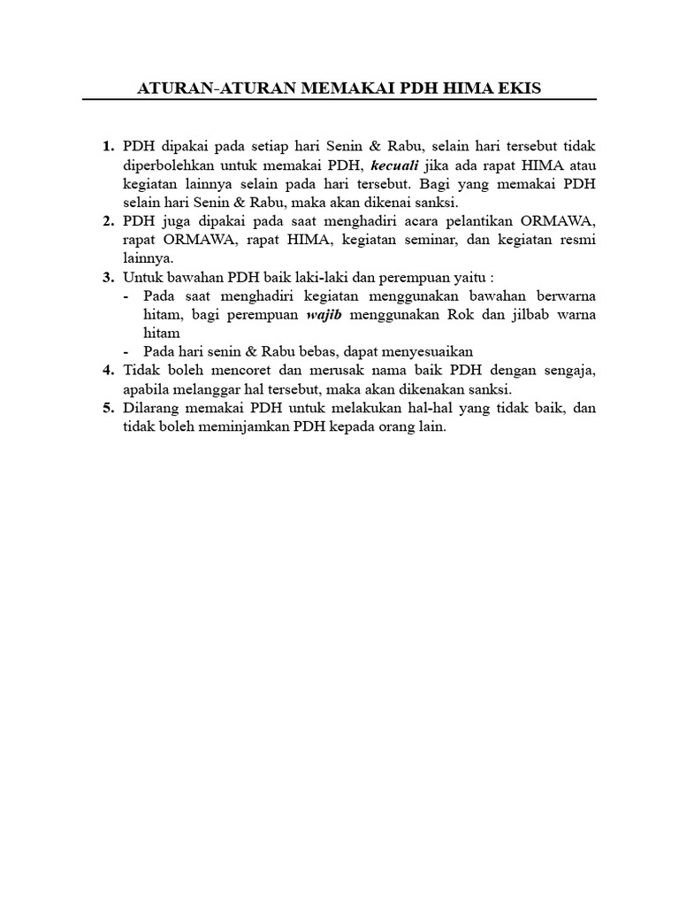Aturan Penggunaan PDH HIMA EKIS | PDF