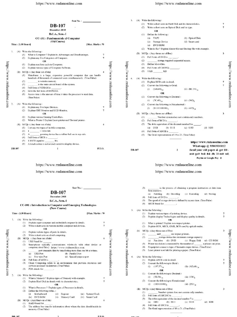 Bca 1 Sem Fundamentals of Computer DB 107 Dec 2018 | PDF