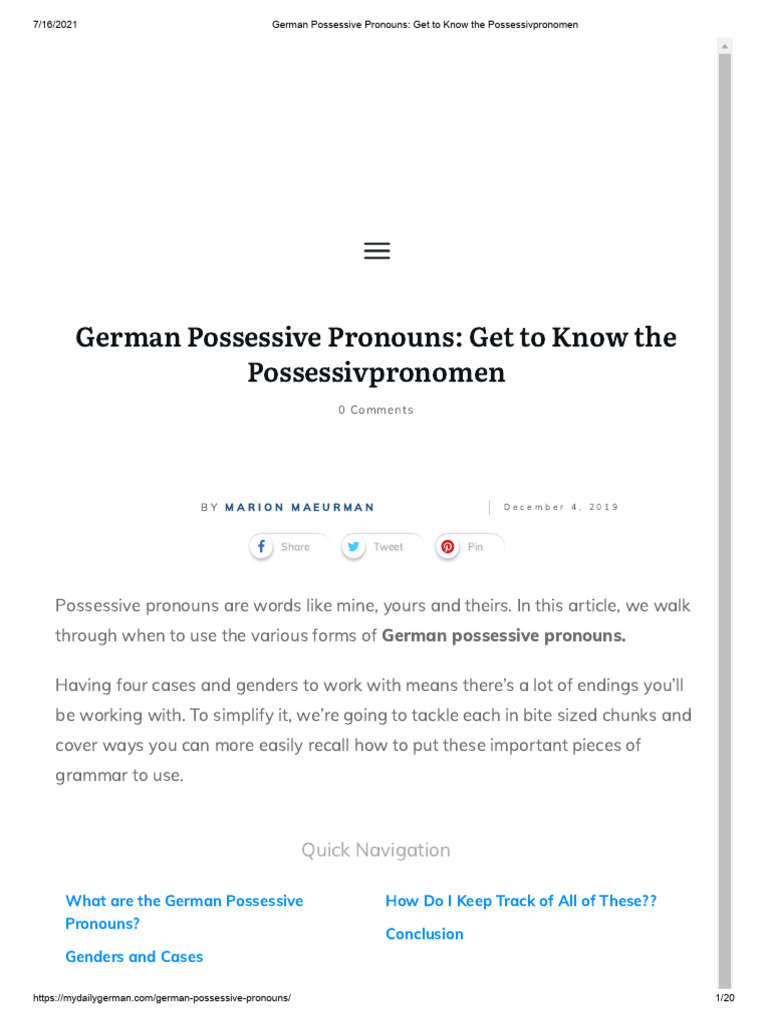 Understanding German Possessive Pronouns | PDF | Grammatical Gender ...