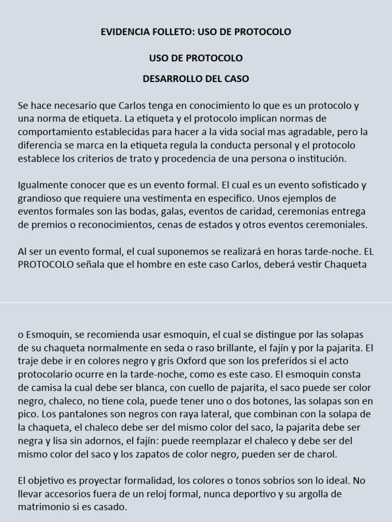 Evidencia Folleto Uso de Protocolo para Eventos | Descargar gratis PDF | Cuchillería | Ropa