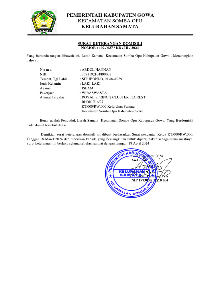 Surat Keterangan Domisili Samata Gowa | PDF