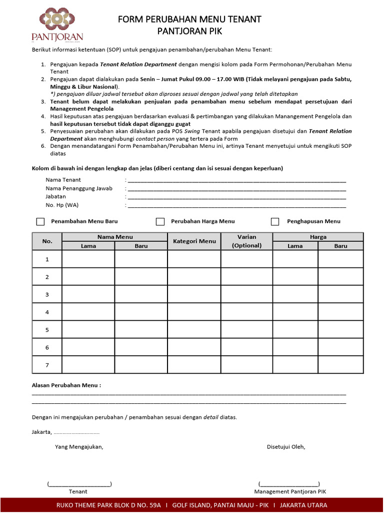 Form Perubahan Menu Pantjoran PIK | PDF | Pengelolaan Keuangan & Uang