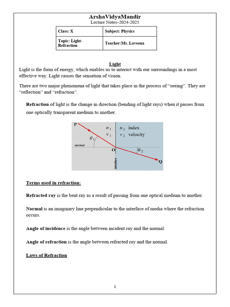 File - 1714016496 - Light Refraction Lecture Notes | PDF | Refraction ...