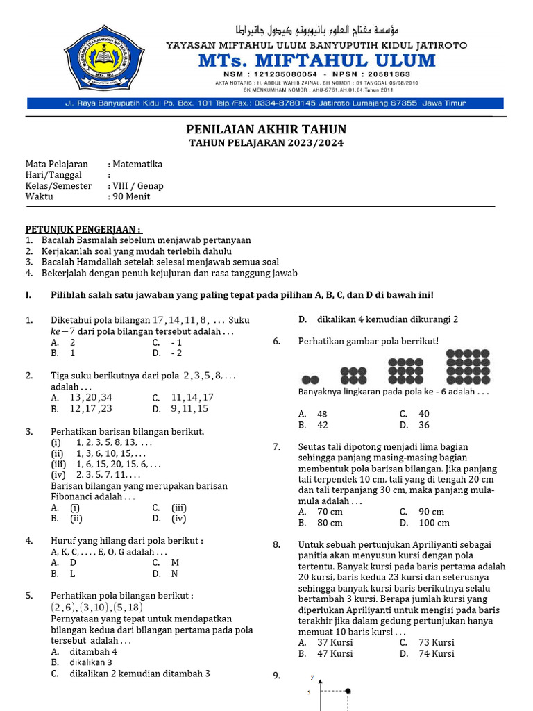 Soal Pat MTK Kelas Viii Semester Genap | PDF
