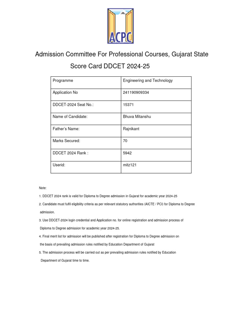 Score Card Ddcet 2024-25 | PDF