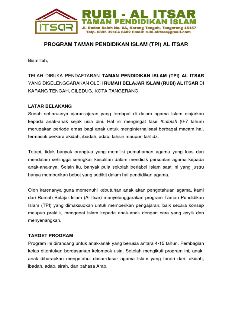 Taman Pendidikan Islam - Al Itsar | PDF