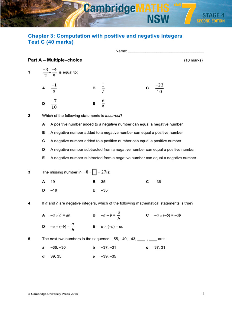 Positive and Negative Integers Practice Test | PDF | Numbers ...