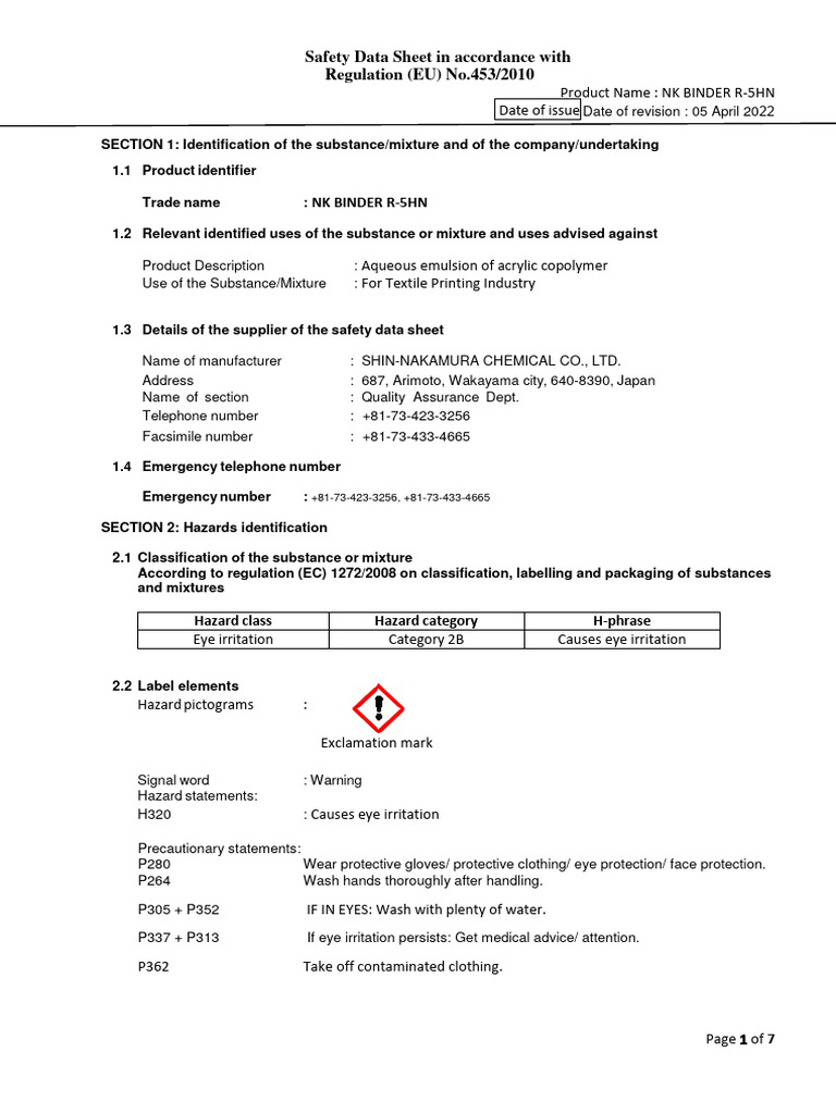 NK Binder R 5HN MSDS Dy 2022 | PDF | Toxicity | Personal Protective ...