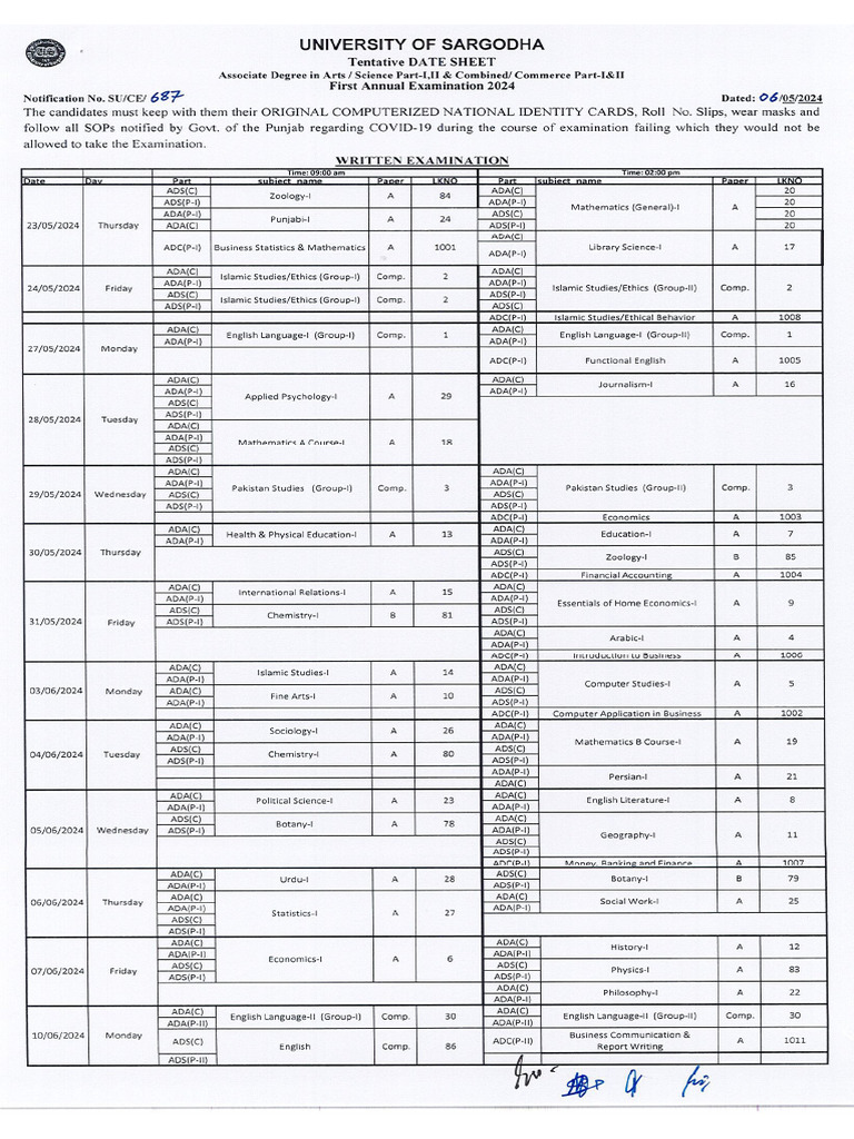 Tentative Date Sheet Of Ada Ads Adc 1st Annual 2024 06 05 2024