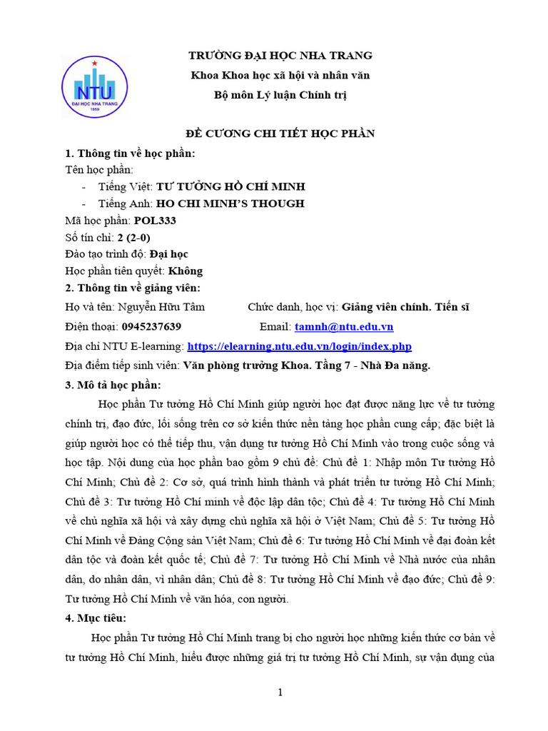 De cuong chi tiet hoc phan TTHCM. Nguyễn Hữu Tâm | PDF