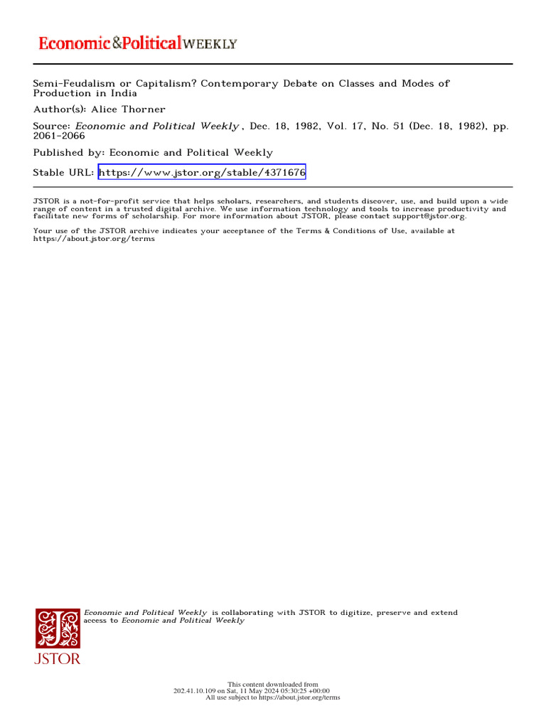 Thorner-Semi Feudalism Capitalism Contemporary-1982 | PDF | Capitalism ...
