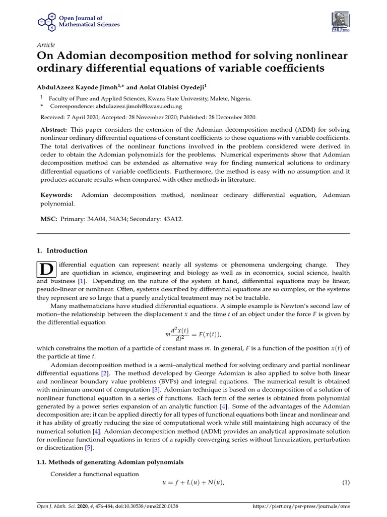 On Adomian Decomposition Method For Solving Nonlin | PDF | Equations | Nonlinear System