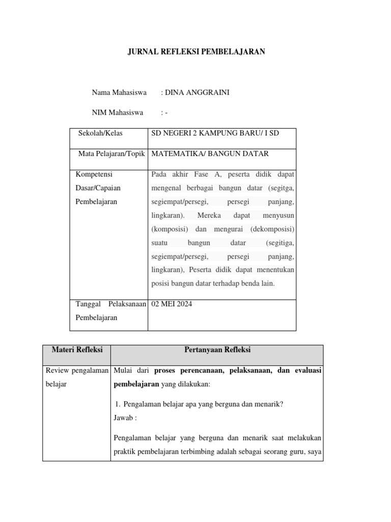 DINA ANGGRAINI LK-5 Contoh Jurnal Refleksi Pembelajaran SIKLUS 3 | PDF | Karier & Perkembangan