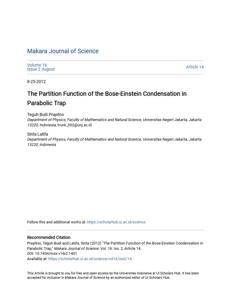 The Partition Function of The Bose-Einstein Condensation in Parab | PDF | Quantum Mechanics ...