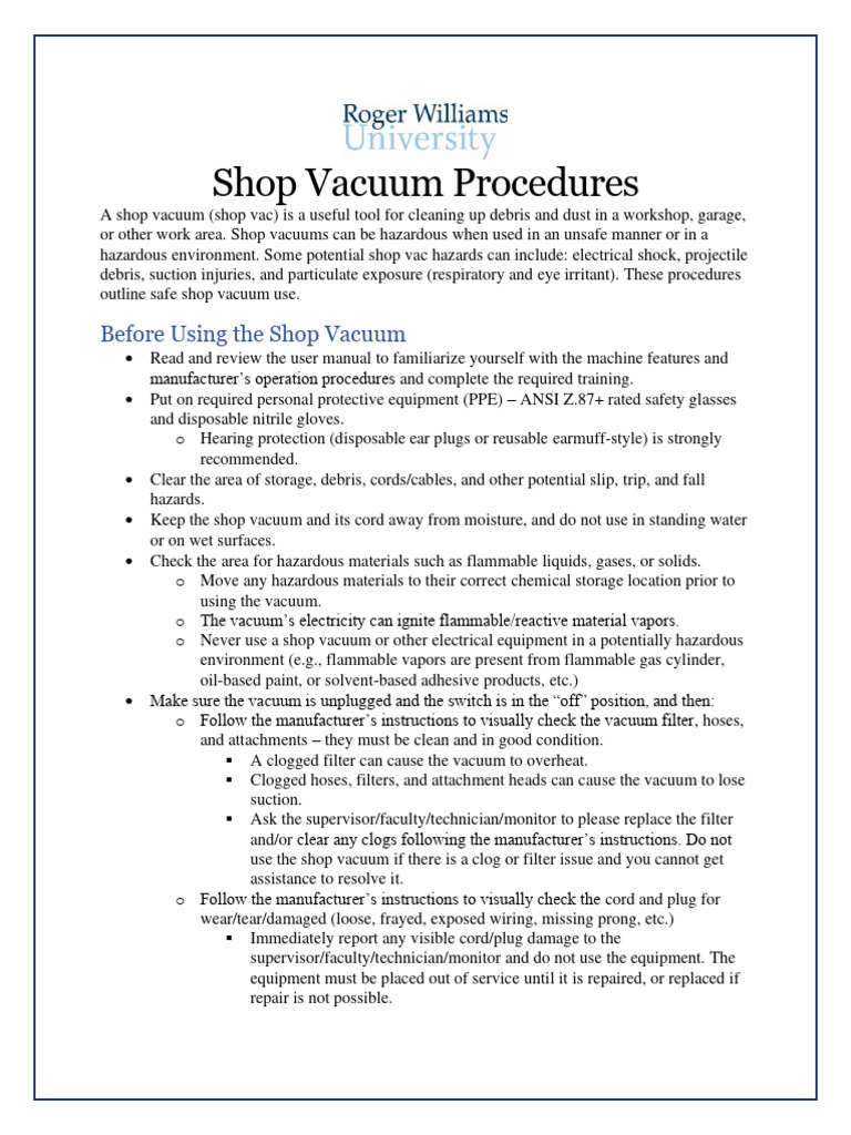 Shop Vacuum Procedures | PDF | Vacuum Cleaner | Personal Protective ...