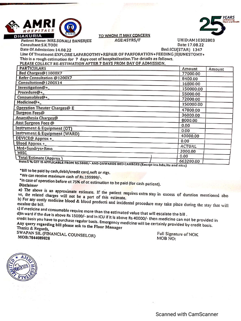 AMRI Hospital Esteemed Bill PDF | PDF