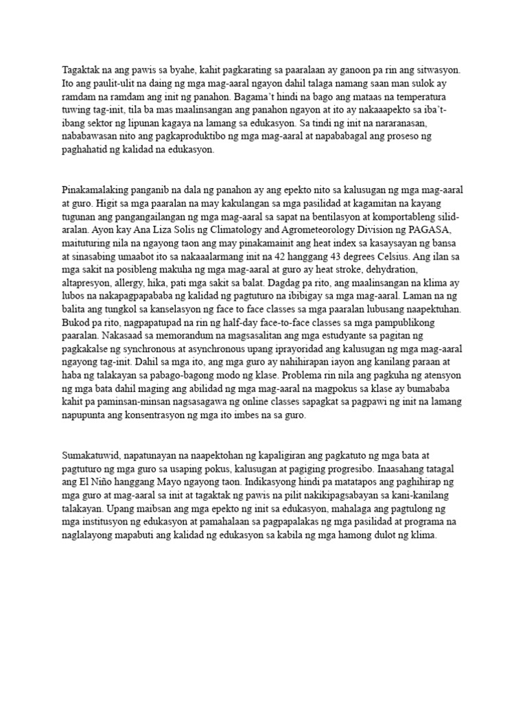 Epekto NG Init NG Panahon Sa Edukasyon | PDF