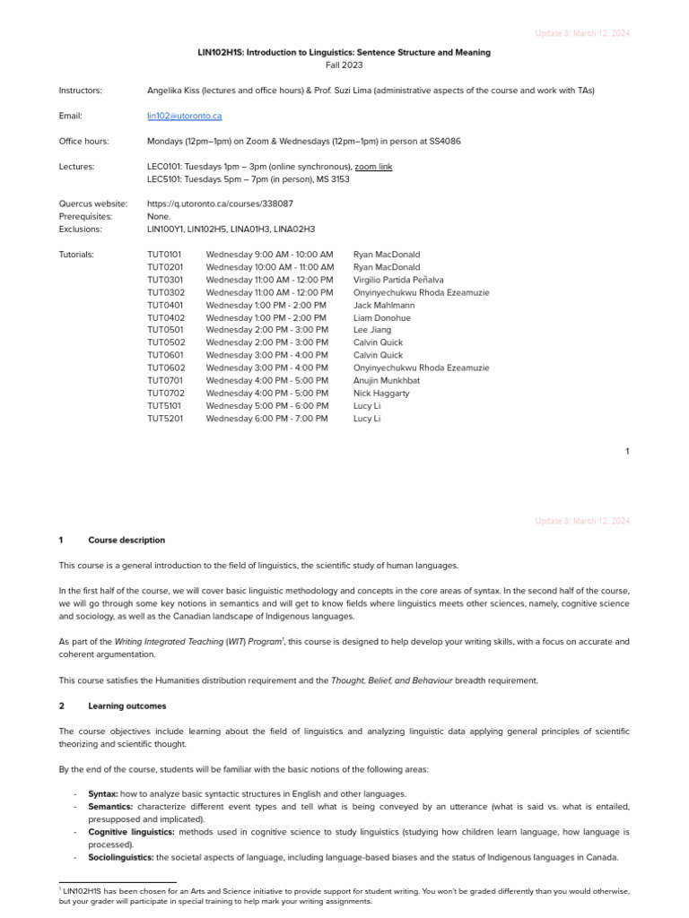 LIN102H1S Linguistics Course Overview | PDF | Linguistics | Semantics