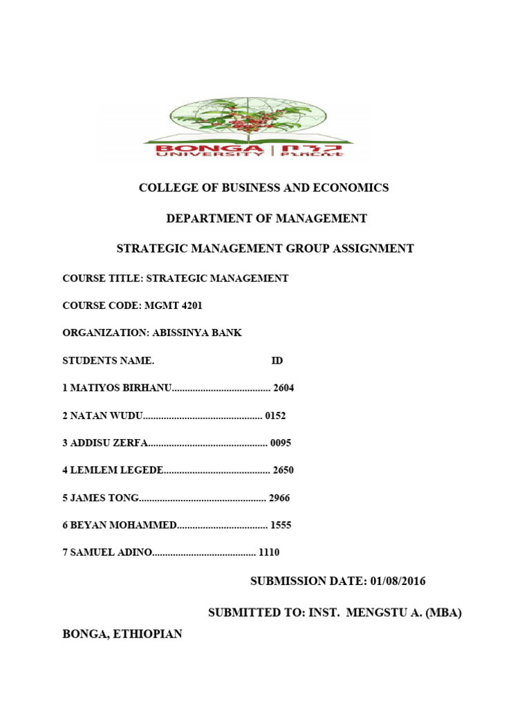College of Business and Economics Department of Management Strategic Management Group Assignment ...