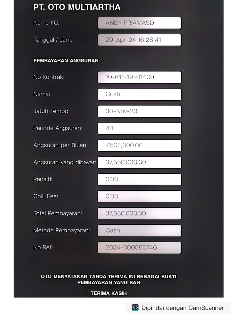 Bukti Pembayaran Angsuran Ke 44 Mobil Ri | PDF