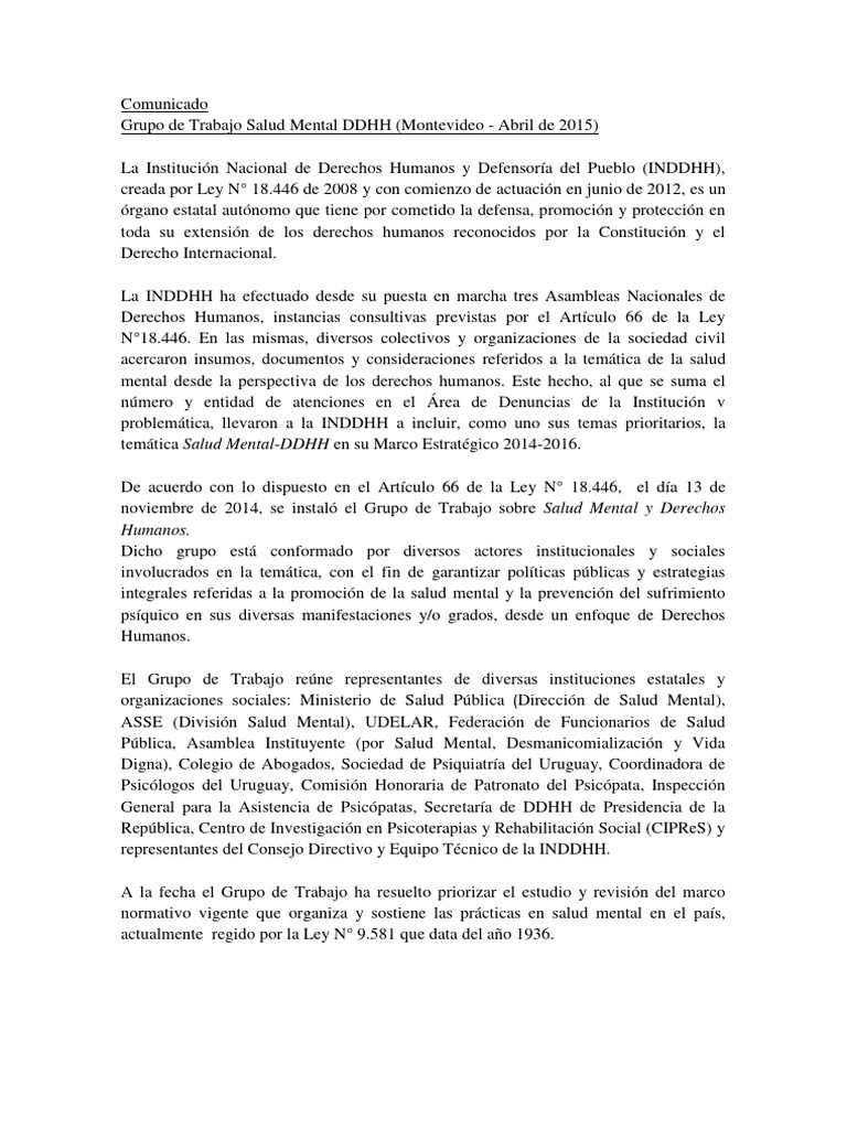 Comunicado Salud Mental | PDF | Derechos humanos | Salud mental