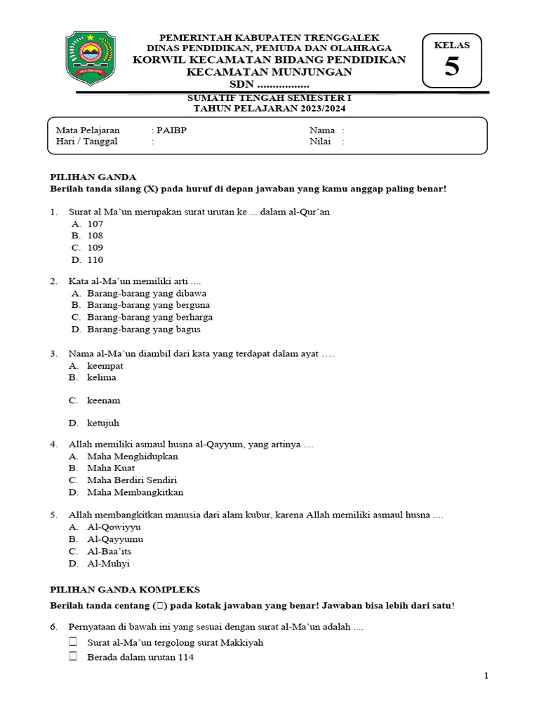 Soal STS Pai KLS 5 | PDF