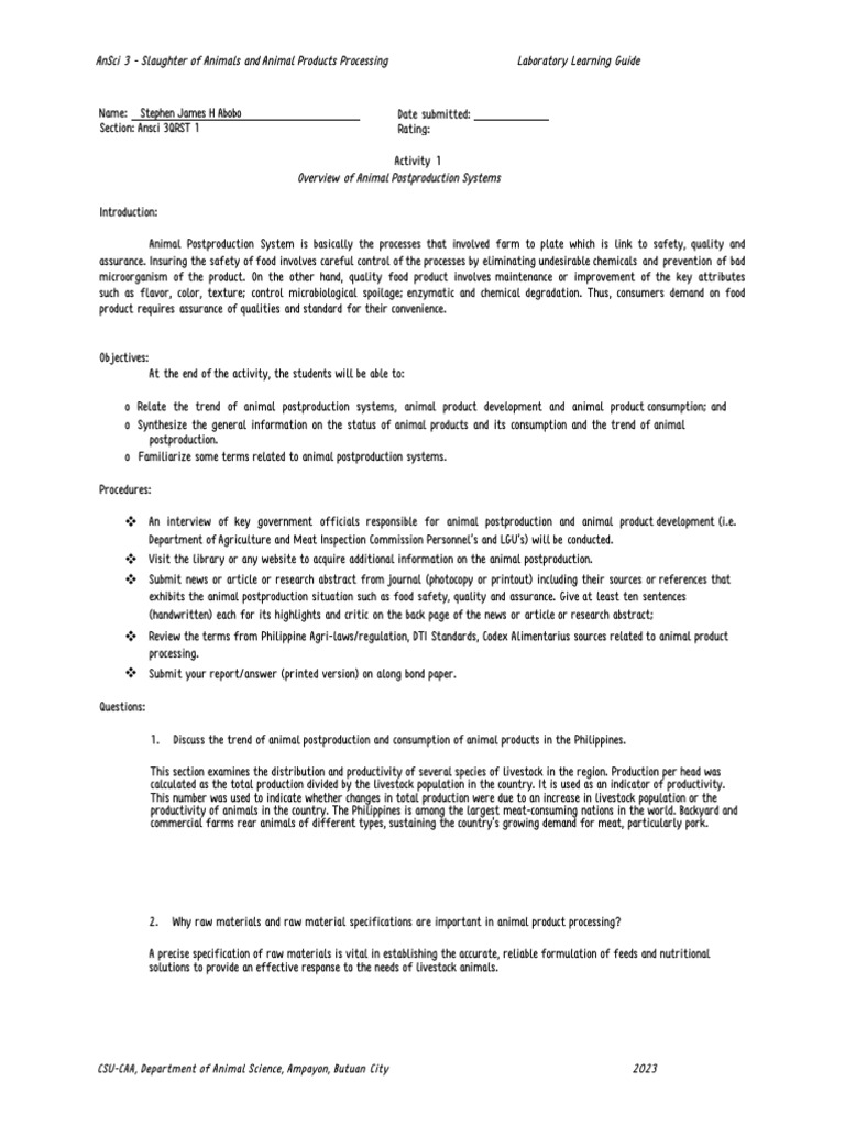 AnSci 3 Exercise 1 | PDF | Humidity | Foods