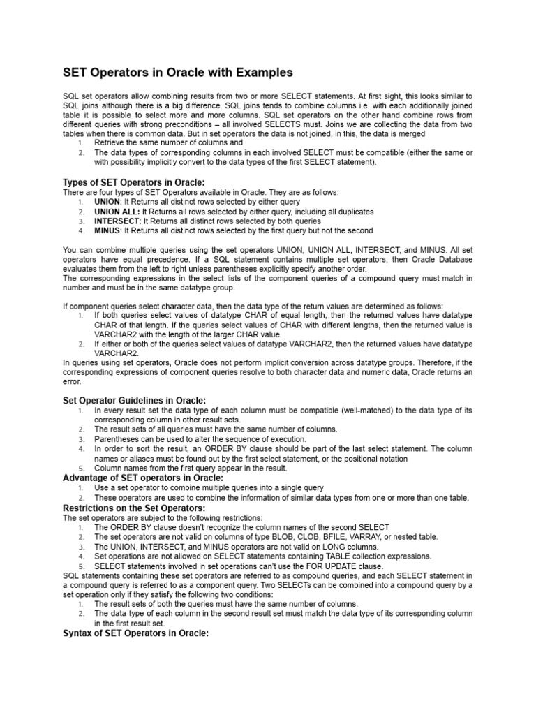 Oracle SQL SET Operators Guide | PDF | Data Type | Computer Science