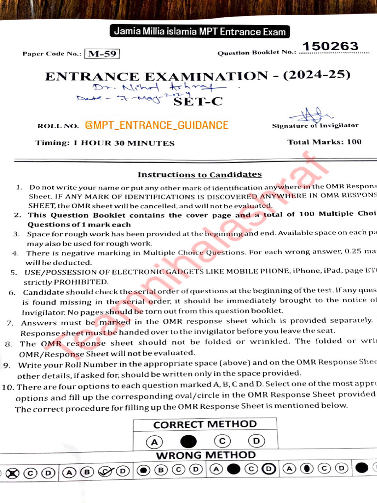 JMI MPT Entrance Paper 2024 | PDF | Musculoskeletal System | Anatomy