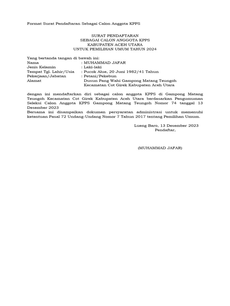 FORM PENDAFTARAN, PERNYATAAN DAN DRH CALON KPPS Muhammad Jafar | PDF