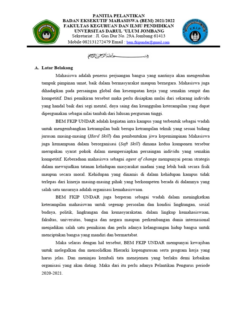 Tema Pelantikan BEM FKIP UNDAR 2021/2022 | PDF