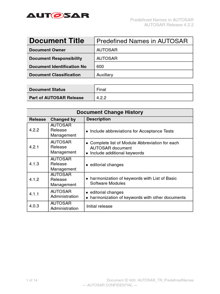AUTOSAR TR PredefinedNames | PDF | Specification (Technical Standard) | Xml