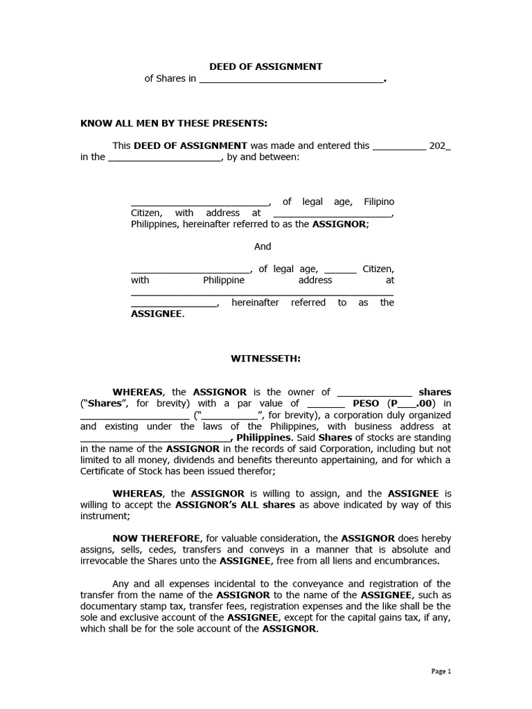 Deed of Assignment | PDF | Assignment (Law) | Deed