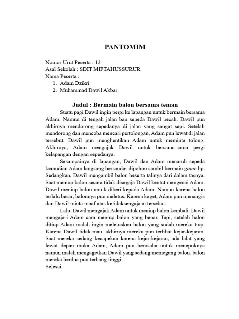 SINOPSIS PANTOMIM FLS2N TEMA BALON 2024 SDIT Miftahussurur | PDF