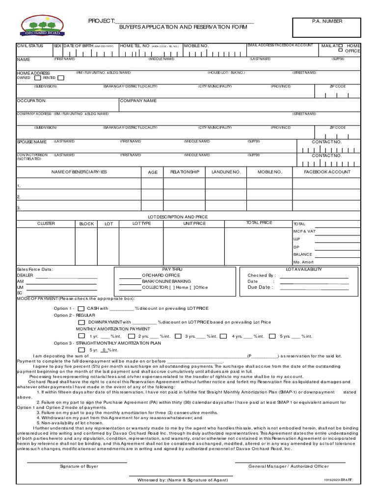 Buyer Application Form Final Form Digos | PDF | Payments | Down Payment