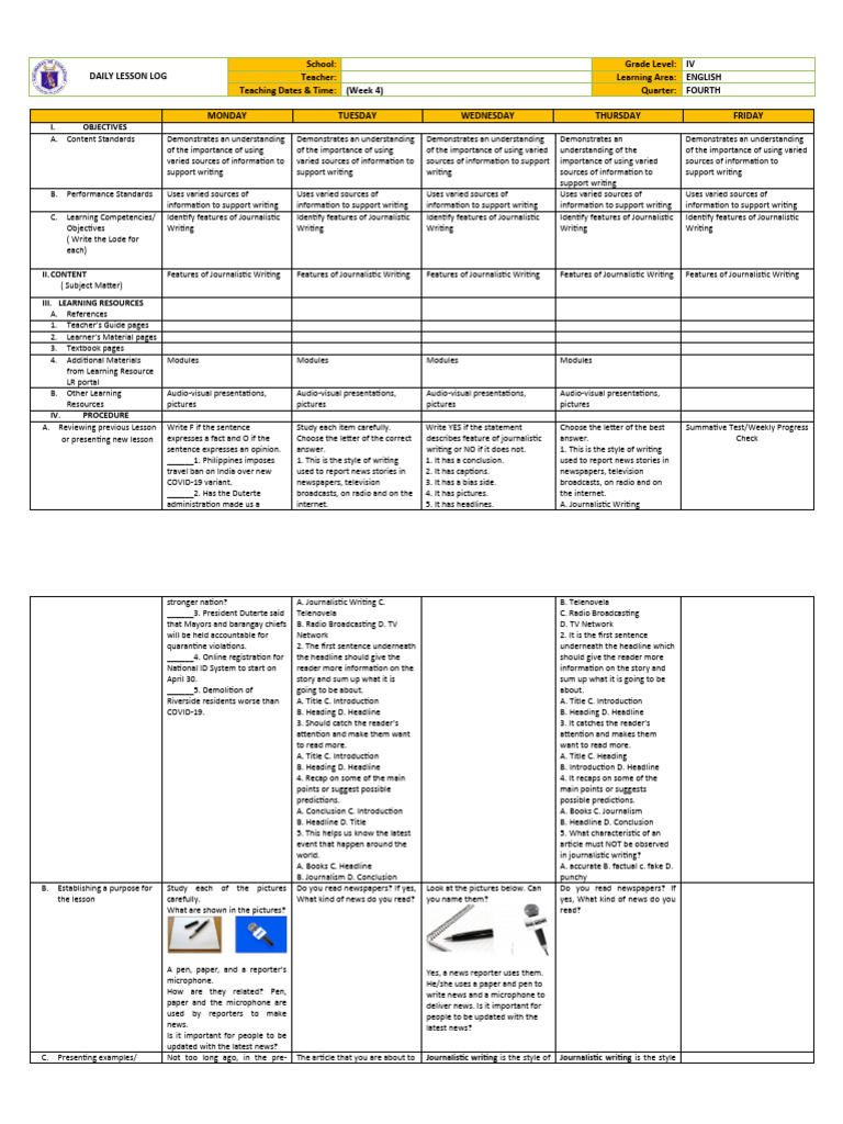 Features of Journalistic Writing Grade 4 | PDF | Journalism | News