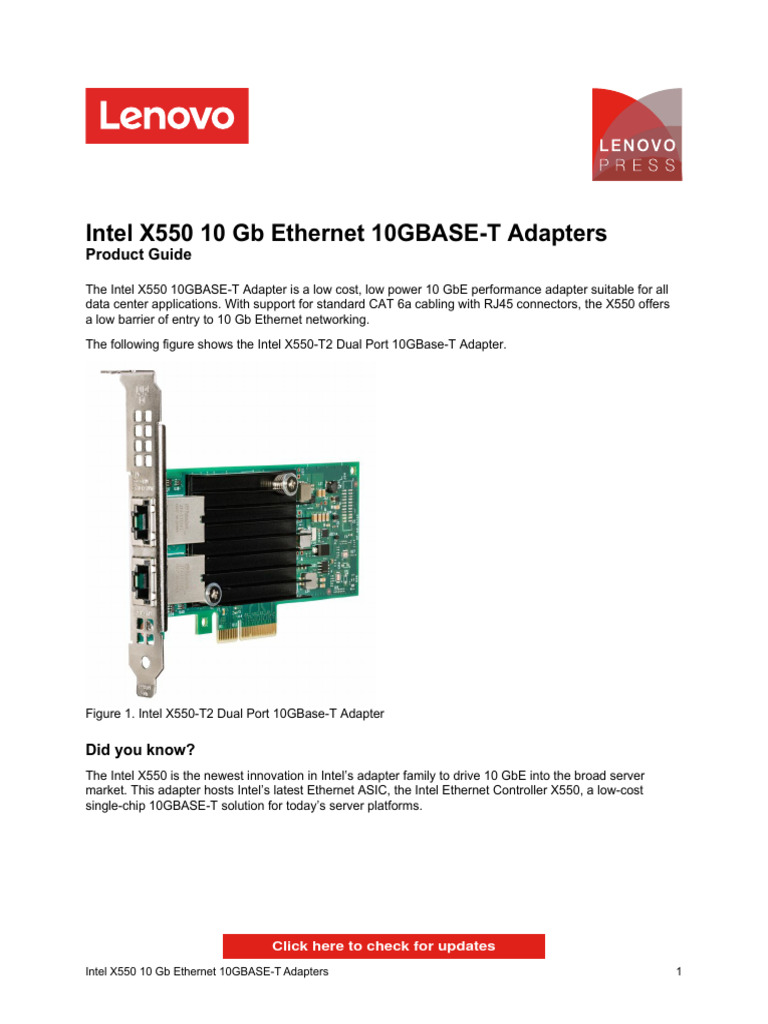 Intel X550 10 GB Ethernet 10GBASE-T Adapters | PDF | Network Interface ...