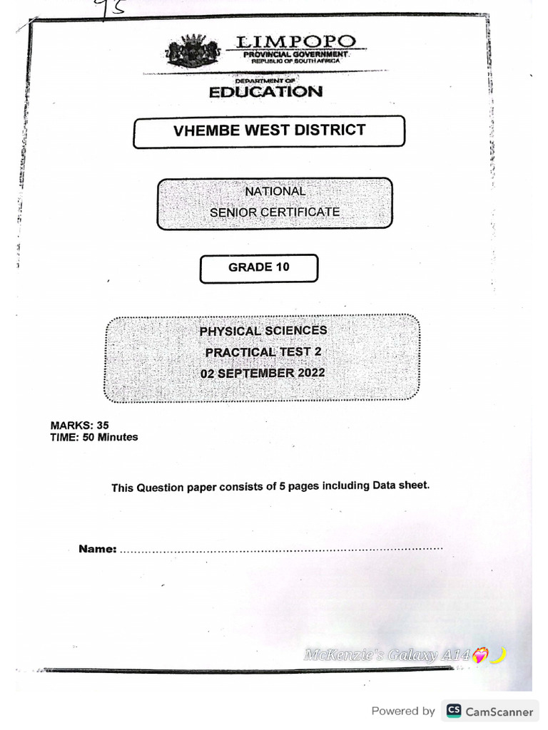 Gr10 Physical Sciences Practical Test Electric Circuits September 2022