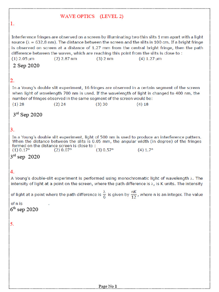L 2 ASSIGNMENT ( WAVE OPTICS) | PDF | Diffraction | Wavelength