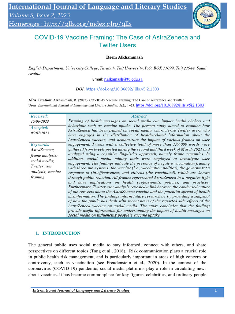 Covid-19 Vaccine Framing: The Case of Astrazeneca and Twitter Users | PDF | Social Media ...