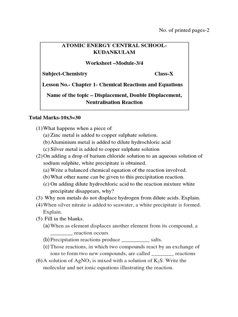 CHEMICAL REACTIONS AND EQUATIONS - Worksheet Module 3 Chapter 1 Class X ...
