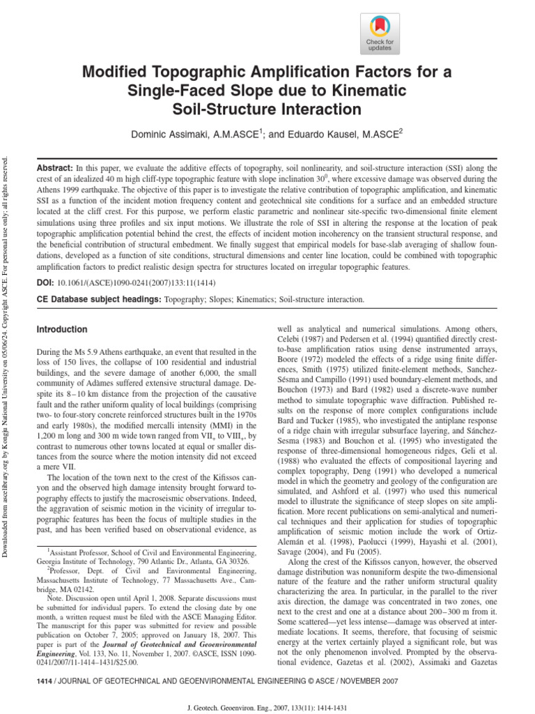 Kausel Assimaki 2007 Modified Topographic Amplification Factors For A Single Faced Slope Due To ...